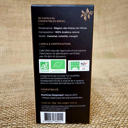 20 capsules Nespresso© compostables café bio BRESIL